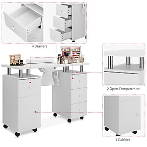 OmySalon Manicure Table Nail Desk for Nail Tech, Nail Table Station w/Electric Dust Collector, Nail Makeup Storage for Beauty Salon Acetone Resistant w/Lockable Wheels,Wrist Cushion,Drawers & Cabinet