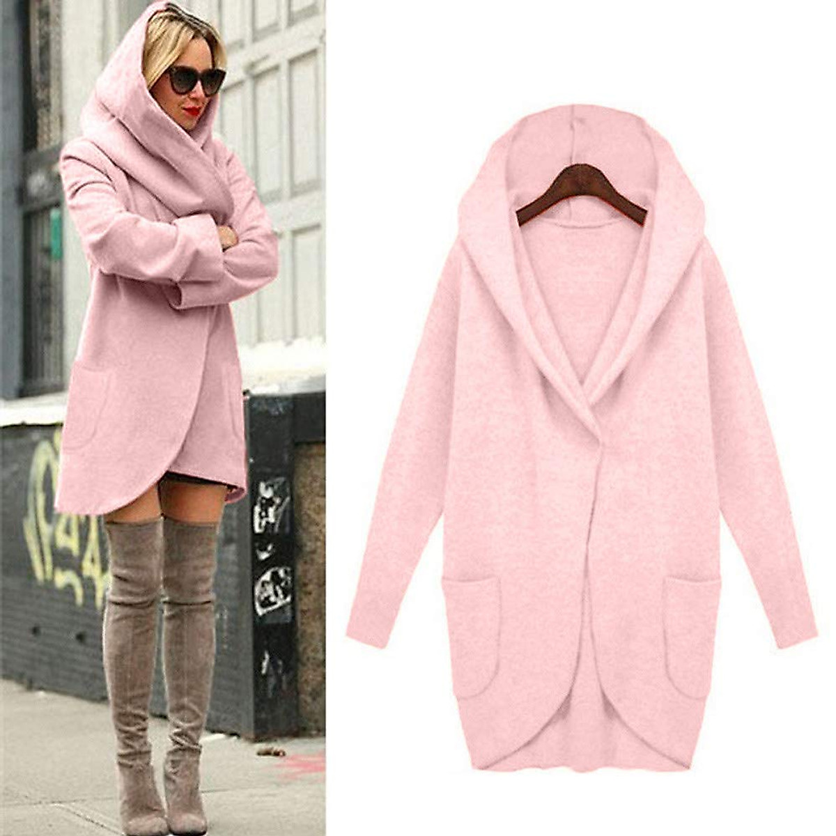 DONTAL Women Woolen Hooded Thin Coat Loose Ladies Casual Hoodies Jacket Overcoat Top Pink