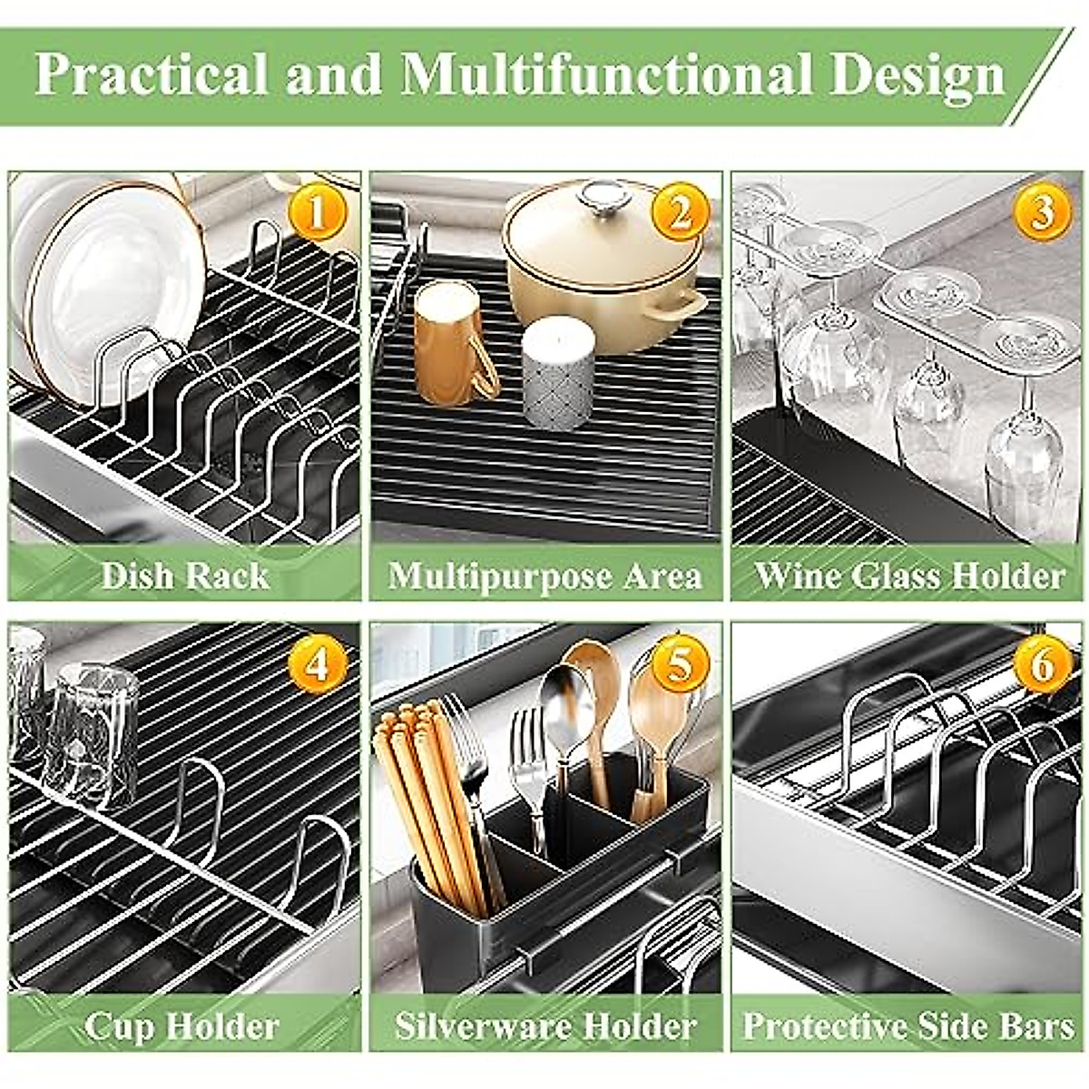 Dish Drying Rack - Expandable Dish Rack - Large Stainless Steel Dish Dryer Racks for Kitchen Counter with Wine Glass Holder, Cutlery Holder, Black