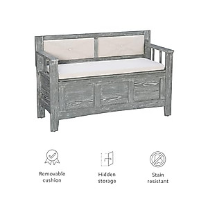Linon Weathered Grey Carlton Storage Bench with Beige Upholstered Back and Cushioned Seat