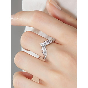 GLOQUAT Dainty Rings 925 Silver Plated Ring V Design Cubic Zirconia Stackable Rings Wedding Band with Clear CZ Statement Promise Rings Eternity Rings Diamond Fake Engagement Rings for Women Ring Size 5