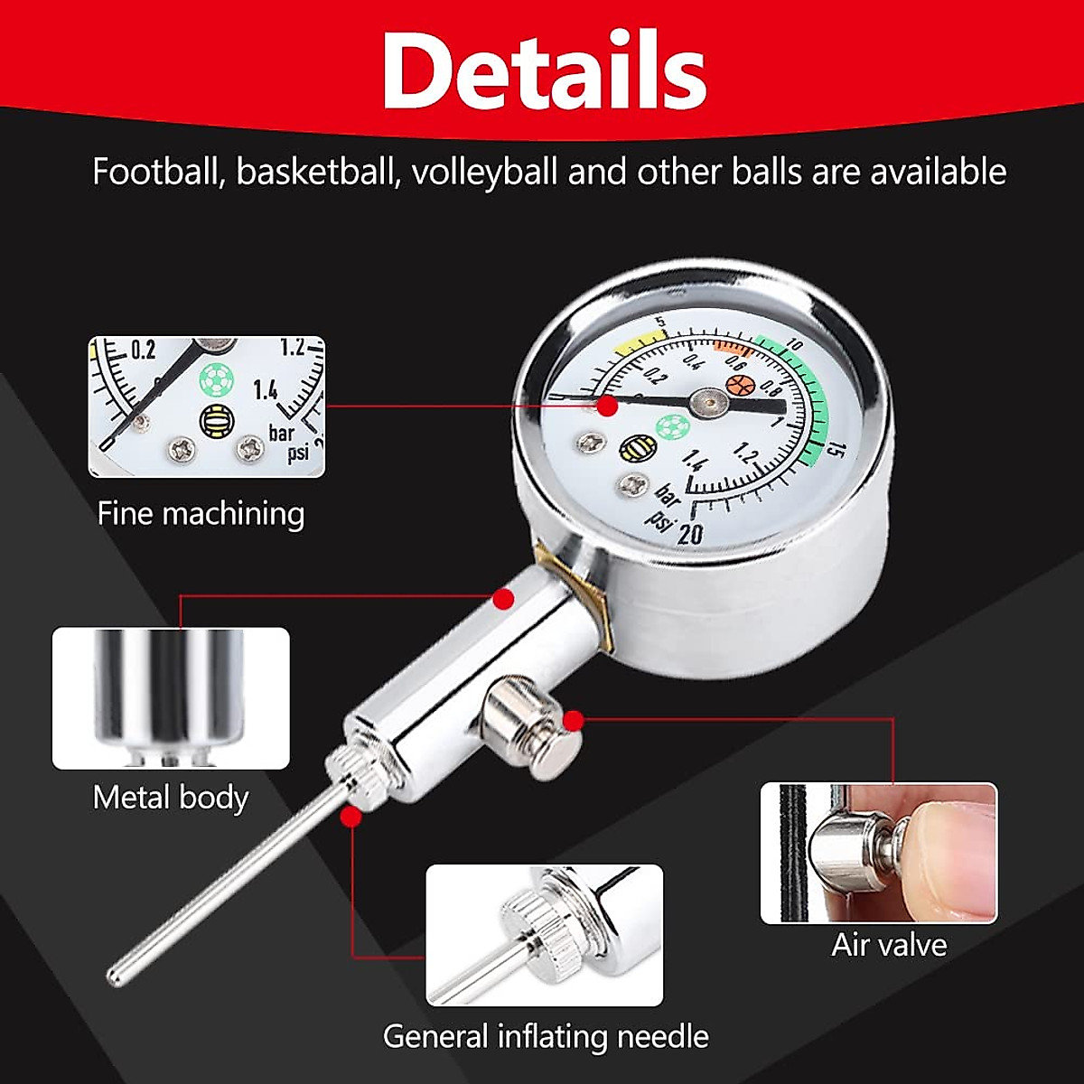 Air Pressure Gauge, Football Balls, Sports air Pressure Gauge, Pressure Gauge, Basketball, air Pressure, Football Pump, Pressure Gauge, Ball for All Ball valves
