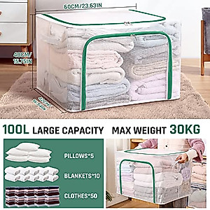 GARPROVM Large & Clear Clothes Storage Bags Totes Organizer, 3-Pack Blanket Comforter Clothing Storage Bags for Organizing Bedroom, Closet with Lid, Front Opening, Zipper and Handles Waterproof 100L