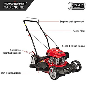 PowerSmart 21 in. 144cc 2-in-1 Walk-Behind Gas Lawn Mower, Mulching Push Lawn Mower, Red (DB8621CRX)