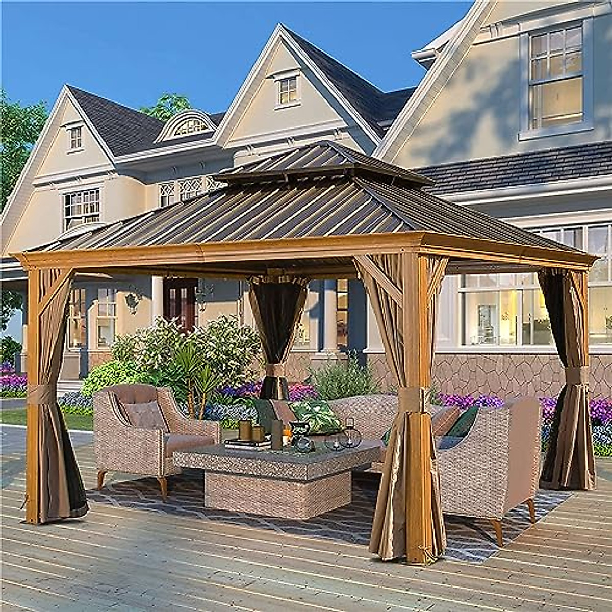 12'x12' Hardtop Gazebo, Outdoor Canopies and Gazebos, Outdoor Permanent Metal Pavilion with Curtains and Netting for Patio, Deck and Lawn