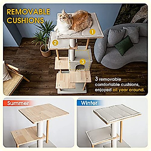 MWPO Modern Cat Tree - 63-Inch Luxury Wood Cat Tower for Indoor Cats, Large Perches with Soft Cushions, Cat Condo for Large Cats with Scratching Posts - Beige