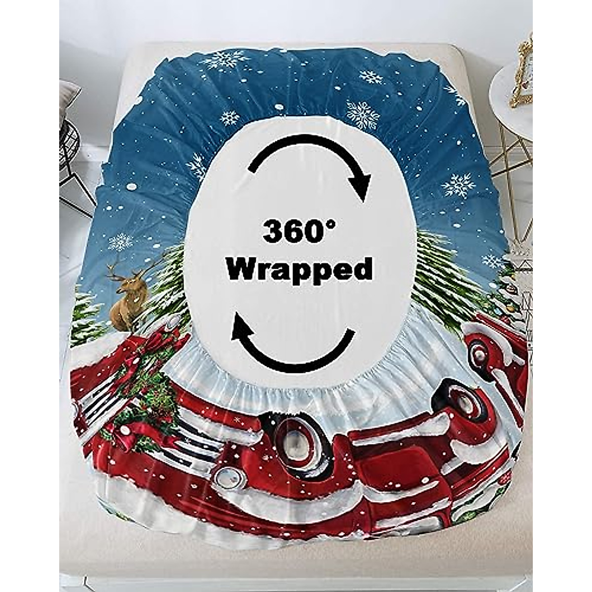 Full Size Fitted Sheet Bed Set Winter Christmas Farm Red Truck Deep Pocket Soft Bottom Sheets&Pillowcases for Bedroom Decor Snowflake Xmas Tree on Blue,Fits Mattress Up to 16" Deep
