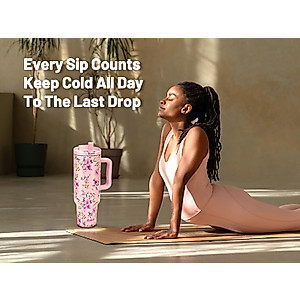 Zukro 50 oz Tumbler With Handle, 100% Leak Proof, Large Triple-wall Insulated Stainless Steel Cup with Lid and Flip Straw, No Sweat Reusable Travel Mug Fit in Cup Holder, Cold 34 Hours, Floral