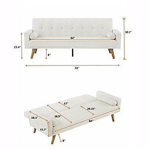 Mdhitsox 72” Modern Futon Sofa Bed, Convertible Linen Sleeper Couch with Wood Legs and 2 Pillows, Folding Upholstered Love Seat, Memory Foam Accent Sectional Sofa for Home Office,Studio,Beige