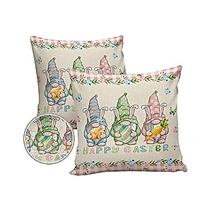 Vandarllin Outdoor Throw Pillows Covers 18X18 Set of 2 Waterproof Gnome Easter Eggs Bunny Decorative Zippered Lumbar Cushion Covers for Patio Furniture, Pink Buffalo Plaid