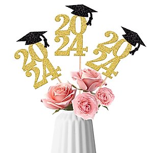 ALISSAR 10 Pack Glitter Gold Double Sided 2024 Graduation Party Centerpiece Sticks Glitter Table Topper Party Supplies (2024 Cardstock, gold)