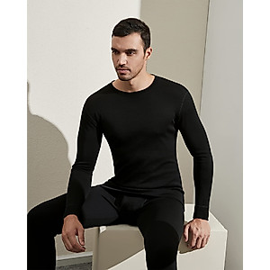 Lapasa Mens 100% Merino Wool Base Layer Thermal Shirt Underwear Long Sleeve Crew Neck Thermal Top M29, Black, Large