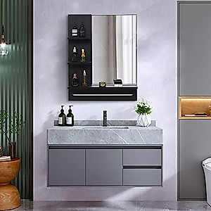 Muzilife Bathroom Medicine Cabinet with Mirror Wall Medicine Cabinet Storage, Over Toilet Storage Cabinet for Bathroom Laundry Room Kitchen - 3 Fixed Shelves, 1 Aluminum Towel Rack, Black