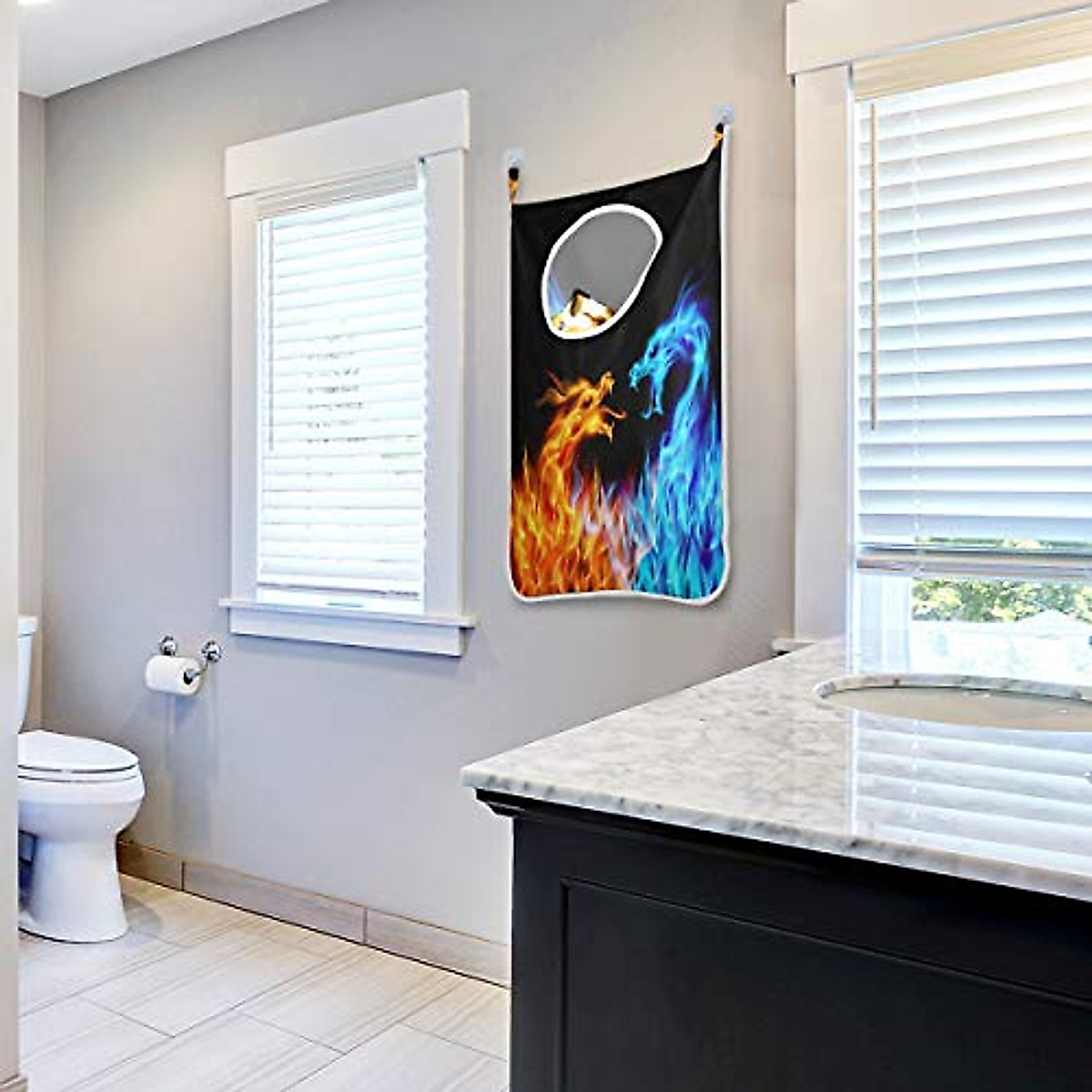 Red Blue Fire Dragon Hanging Laundry Hamper Bag Animal Monster Dirty Clothes Bag,Over The Door Cloth Basket with Hooks, for Bathroom, Bedroom, Storage, Space Saving, Wall, College, Closet