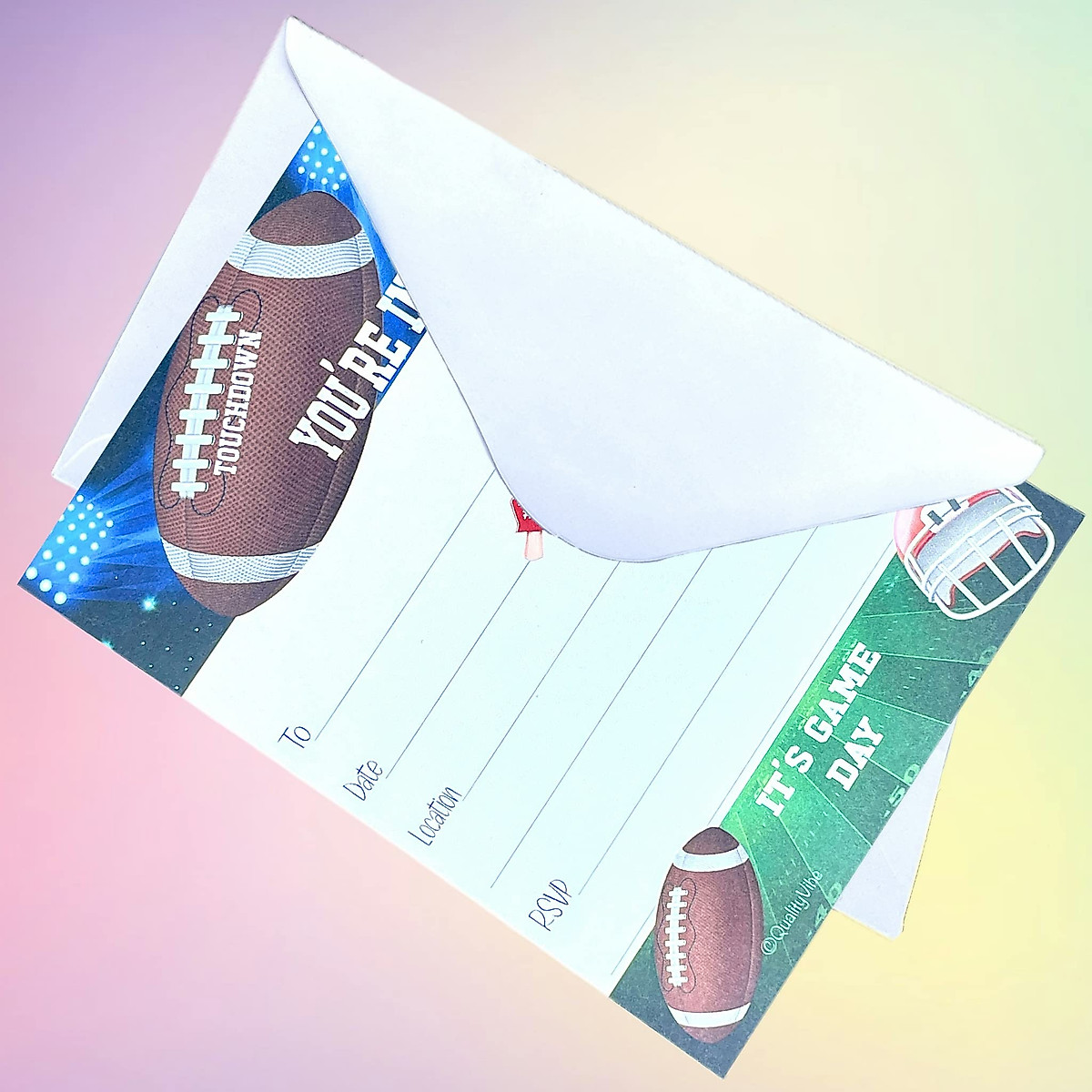 25 Football Theme Invitations With Envelopes, Fill In Style You're Invited, It's Game Day With Field & Baseball Helmet. Invite Cards For Baseball Game Or Baseball Theme Birthdays For Kids & Adults. Thick & Non Coated Cardstock For Use With Any Pen.