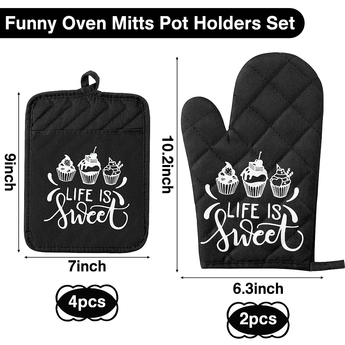 GROBRO7 6Pcs Cotton Oven Mitts and Pot Holders Set Life is Sweet Resistant Pocket Potholder Machine Washable Microwave Gloves with Hanging Loop Hot Pads for Daily Kitchen Baking Cooking Grilling Black