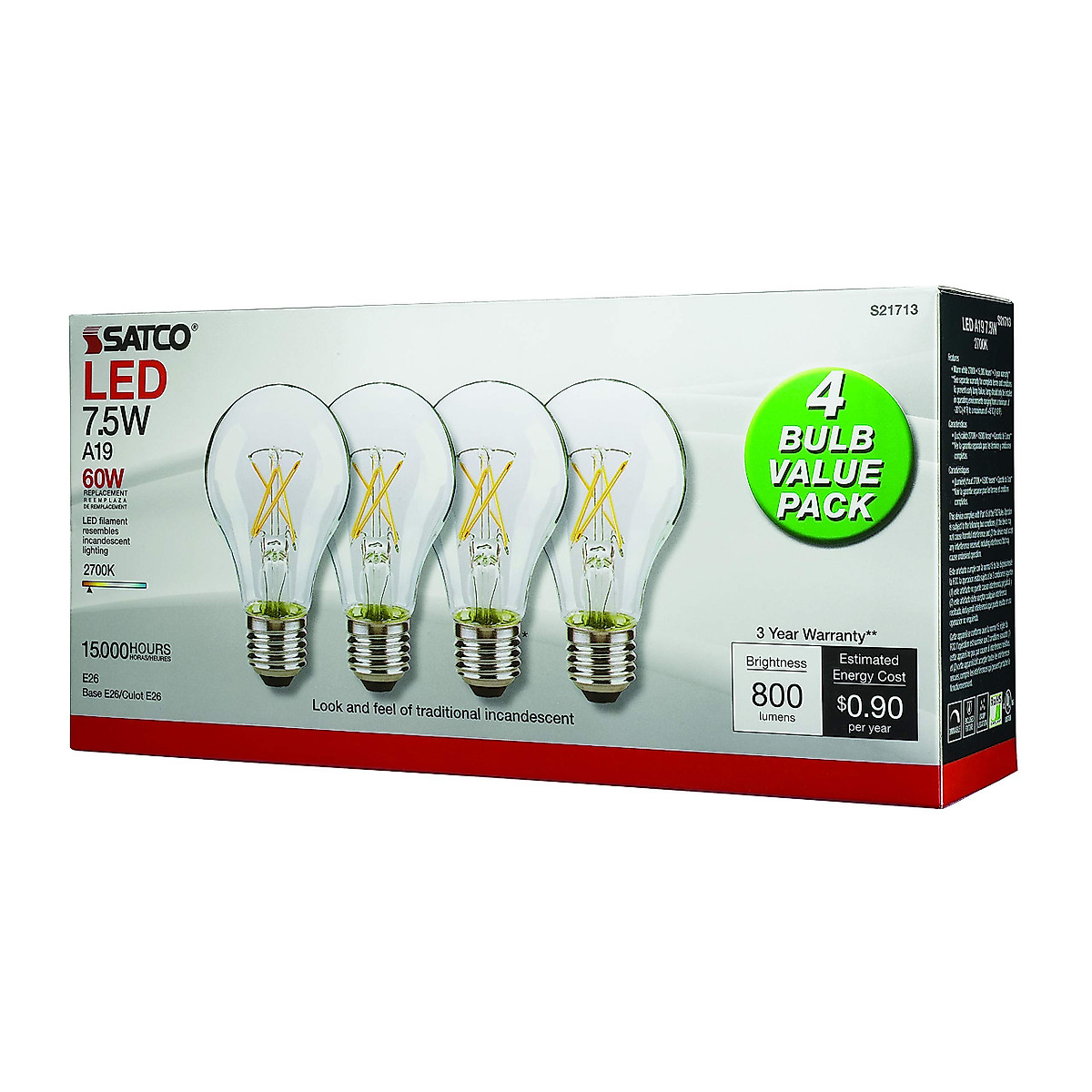 Satco S21713 7.5W; A19 LED; Clear; 2700K; Medium Base; 120V; 16 Bulbs