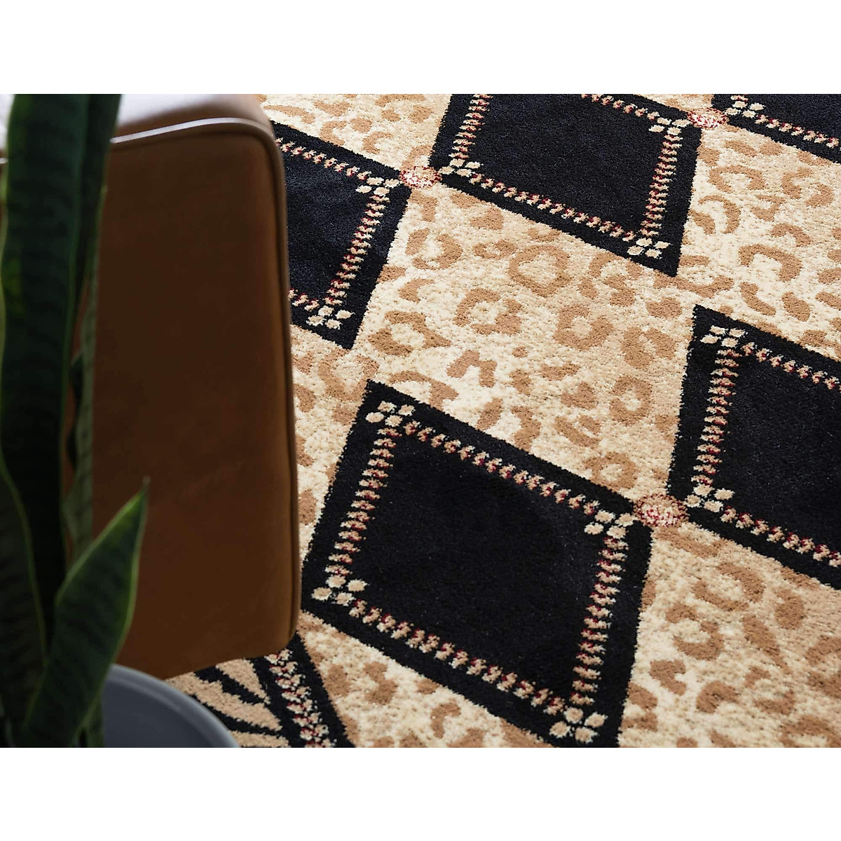 Unique Loom Wildlife Collection Animal Inspired with Leopard Geometric Bordered Design Area Rug, 6 ft x 9 ft, Light Brown/Black