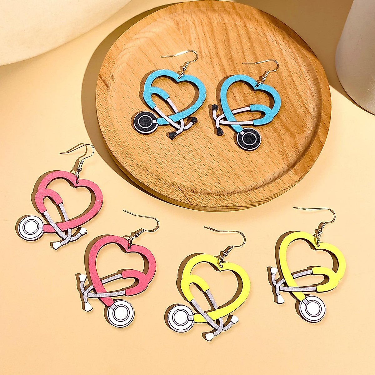 Doctor Nurse Stethoscope Wooden Dangle Earrings Love Heart Stethoscope Medical Theme Earrings Nurse's Day Gifts for Doctors Nurses Medical Students-Pink