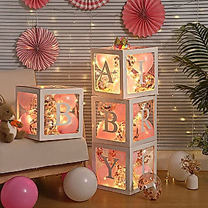 Baby Shower Balloon Box Decorations, 4 Pcs Baby Blocks Transparent Balloon Boxes with Baby Letters, 4 Pack Led Fairy String Lights and 40 Pcs Latex Balloons for Decor (Pink)
