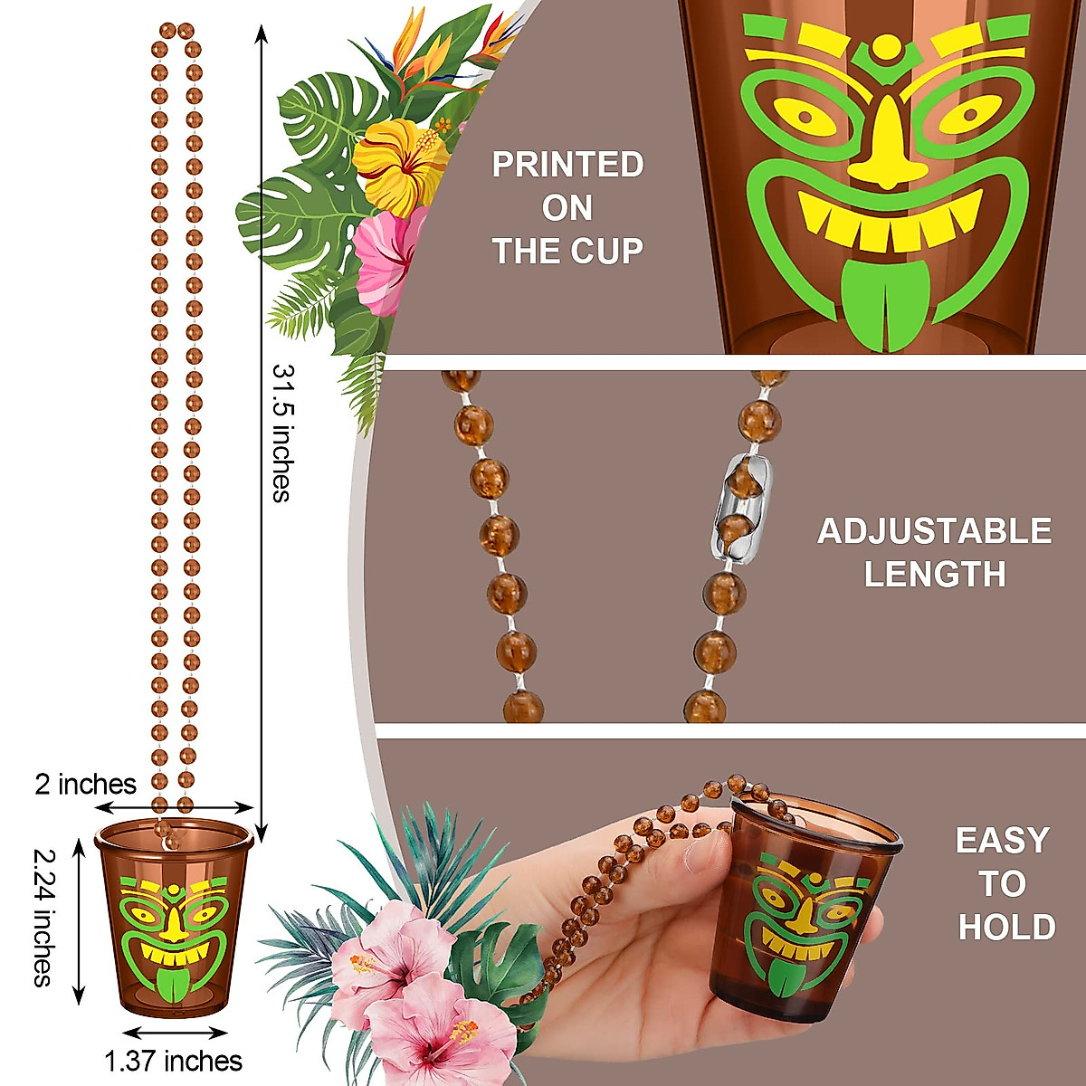 Janmercy 12 Pcs Tiki Shot Glasses on Beaded Necklace Hawaiian Plastic Shot Glass Necklaces Brown Funny Tiki Shot Necklace Cups for Summer Hawaiian Adult Teen Bachelorette Birthday Party Favor, 6 Style