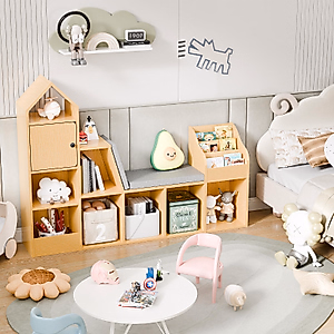 Vabches Kids Reading Nook with Bench - Bookshelf & Bookcase with Seat Cushion, 7 Open Storage Cubbies, 3-Tier File Organizers, Toy Storage Box & Chest for School, Playroom, Bedroom.