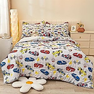 Mooreeke Twin Size Race Car Comforter Sets for Boys Kids 6 Pieces Bed in a Bag Cool Racing Car Bedding Set with Extreme Sport Car Comforter and Decorative Toy Pillow Soft Microfiber Kids Bed Set