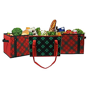 Earthwise Deluxe Collapsible Reusable Shopping Box Grocery Bag Set with Reinforced Bottom Plaid Holiday Xmas Christmas Design Storage Boxes Bins Cubes (Set of 3) (Holiday)