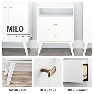 Prepac Milo Mid-Century Modern 2 Drawer Nightstand With Angled Top, Bedside Table, Contemporary Bedroom Furniture, 16"D x 22.5"W x 29.5"H, White, WDNR-1403-1