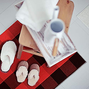 Buffalo Plaid Area Rug, 23.6 x 51.2 inch Kitchen Rug Cotton Outdoor Mat for Porch Bathroom Carpet Living Room Indoor Doormat, Black and Red