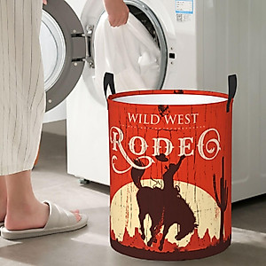 FOISIIAEA Laundry Basket,Wild West Rodeo Cowboy Bathroom Organizer Basket Waterproof Foldable Cloth Hamper with Lining for Home Storage
