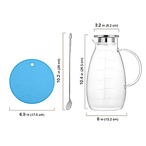Glass Pitcher, 91 oz/2.7L Glass Water Pitcher with Lid and Handle, Carafe Pitcher for Beverage, Hot Cold Drinking, Boiling water on electric stove, Stainless Steel Lid and Borosilicate Glass