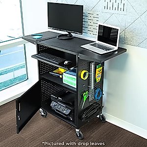 Line Leader Stellar AV Cart | Computer Cart with Pegboard Siding & 12 Hooks for Customizable Storage | Locking Cabinet & Pullout Keyboard Tray | UL Safety Certified Power Outlets | Locking Wheels 