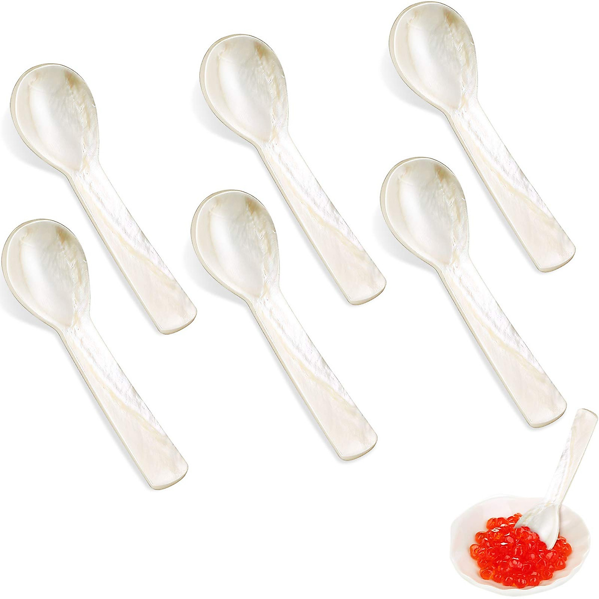 Caviar Spoons Mother of Pearl Mop Spoons with Hand Craft W Round Handle for Caviar, Egg, Ice Cream, Salt, Coffee Serving, Restaurant Serving Set(6 Pieces,3.55 Inch)