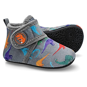 Scurtain Unisex Kids Toddler Slippers Socks Fleece Slippers for Boys Girls Baby Artificial Woolen Booties with Non-Slip Rubber Sole slippers for toddler kids slippers Grey/Dino 5.5-6 Toddler