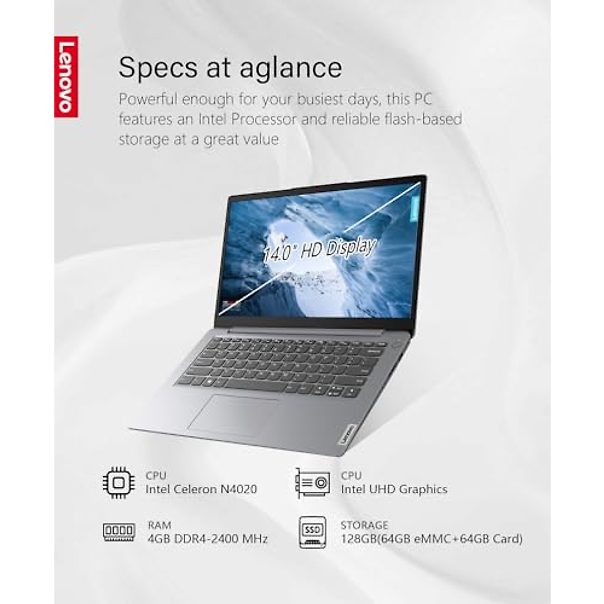 Lenovo - Ideapad 1 14.0" HD Laptop, Intel Celeron N4020 Processor, 4 GB RAM, 128GB Storage(64GB eMMC+64GB Card), Intel UHD Graphics, Bluetooth, Wi-Fi 6, Webcam, Windows 11, Cloud Grey, W/GaLiMu