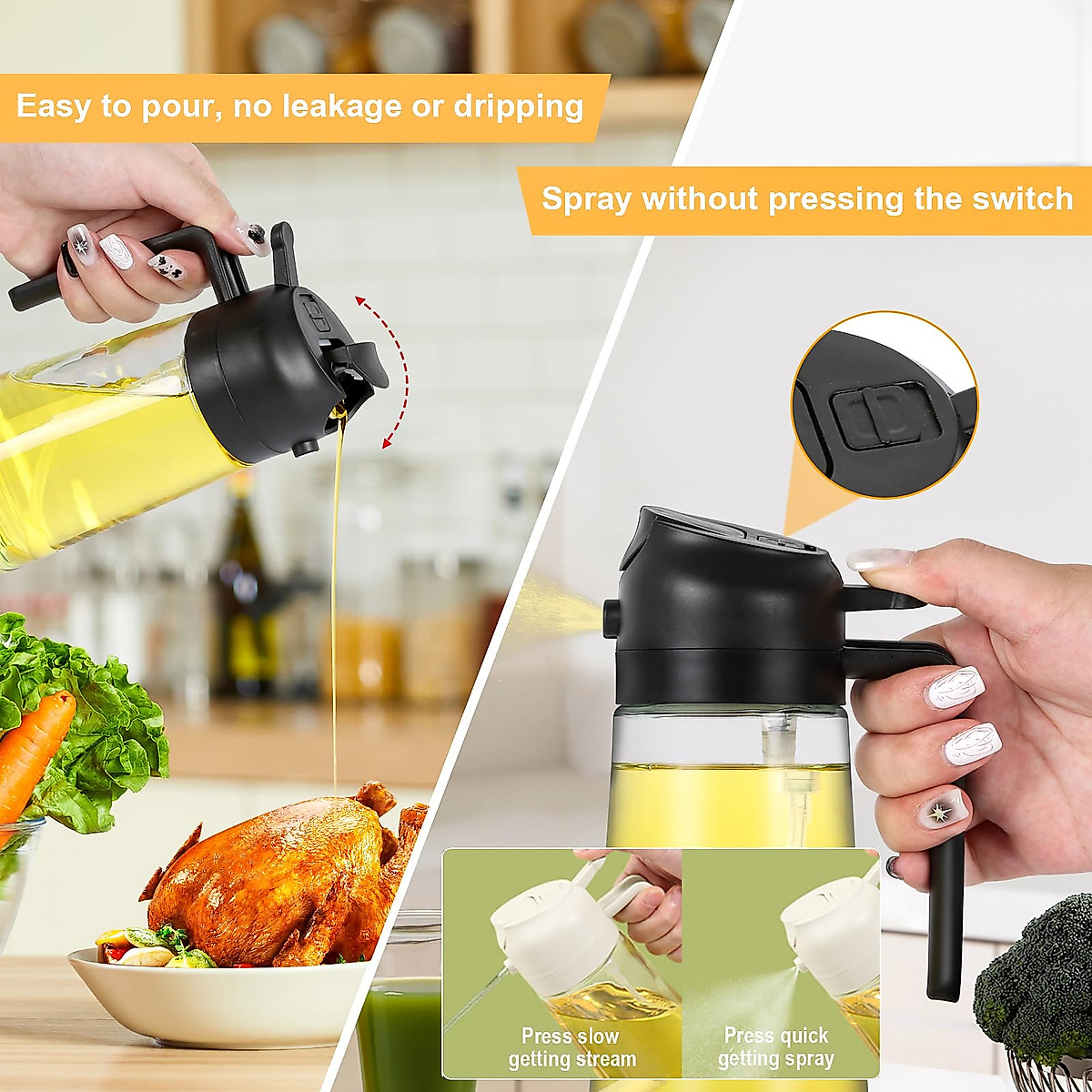PRO IPLAS 2 in 1 Oil Sprayer For Cooking,Oil Dispenser Bottle For Kitchen, 17oz Oil Sprayer For Cooking, Kitchen, Salad, BBQ, Air Fryer Steak Black