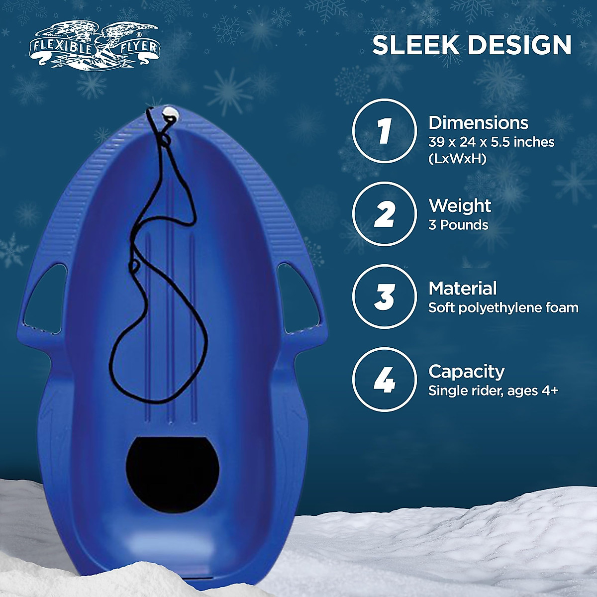 Paricon Flexible Flyer 39" Spitfire Lightweight Kids Downhill Snow Sled with Tow Rope & Handles, Ages 4 And Up, Easy to Carry Up Hills, Blue