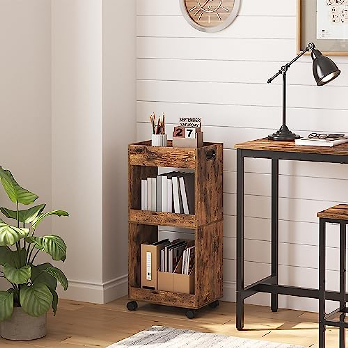 MAHANCRIS 3-Tier Rolling Serving Bar Cart, Industrial Bar Cart for The Home, Beverage Cart with Storage Shelves, Utility Storage Cart with Wheels, for Kitchen Dinning Room, Bar, Rustic Brown RCHR8101