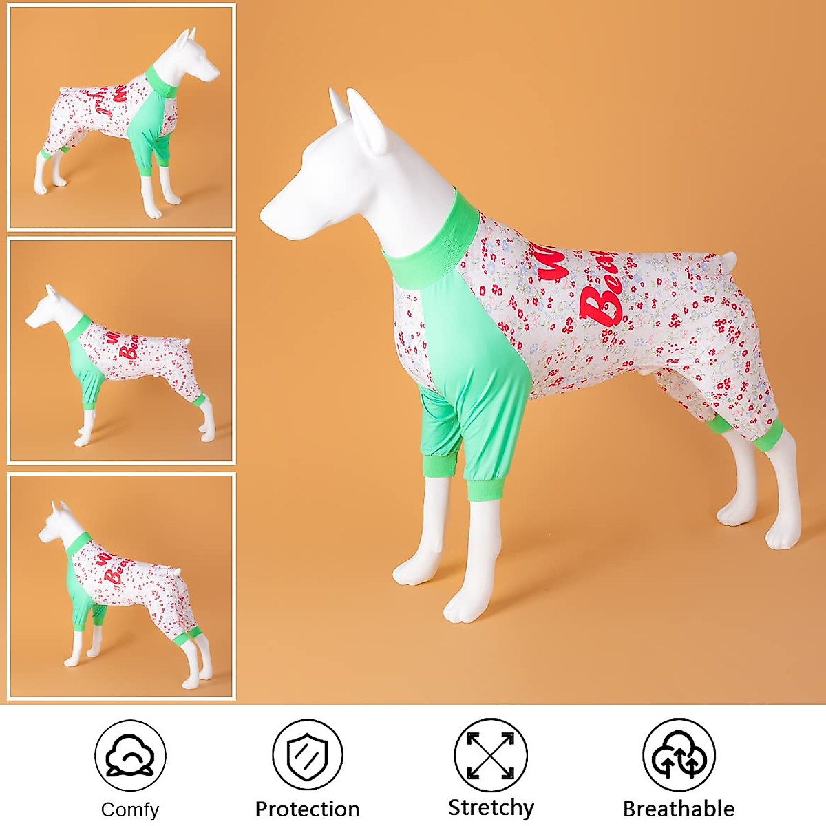 LovinPet Dog Pjs Large, UV & Post Operative Protection, 4 Legged High Collar Dog Onesies, Lightweight Stretchable Floral Print White, Red Prints Large Dog Pajamas as Base Shirt for Dog Dresses XL