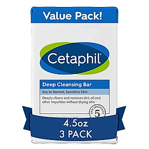 Cetaphil Bar Soap, Deep Cleansing Face and Body Bar, Pack of 3, For Dry to Normal, Sensitive Skin, Soap Free, Hypoallergenic, Paraben Free, Removes Makeup, Dirt and Oil