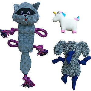 rocket & rex No Stuffing Dog Toy | Unstuffed Dog Toys Set with Squeakers | Includes a Stuffing Free Rope Toy, Rubber Squeaker Toy and Plush Toy | for Small to Medium Breeds | Dog Stocking Stuffer