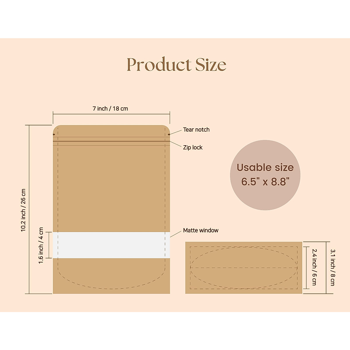 100PCS Stand Up Pouches with Window, Kraft Ziplock Pouch bags, 7"x 10.2", Reusable Stand Up Bags, Resealable & Heat Sealable Odor Free Food Storage Bag, Packaging for Small Business & Home Use [LEAF]