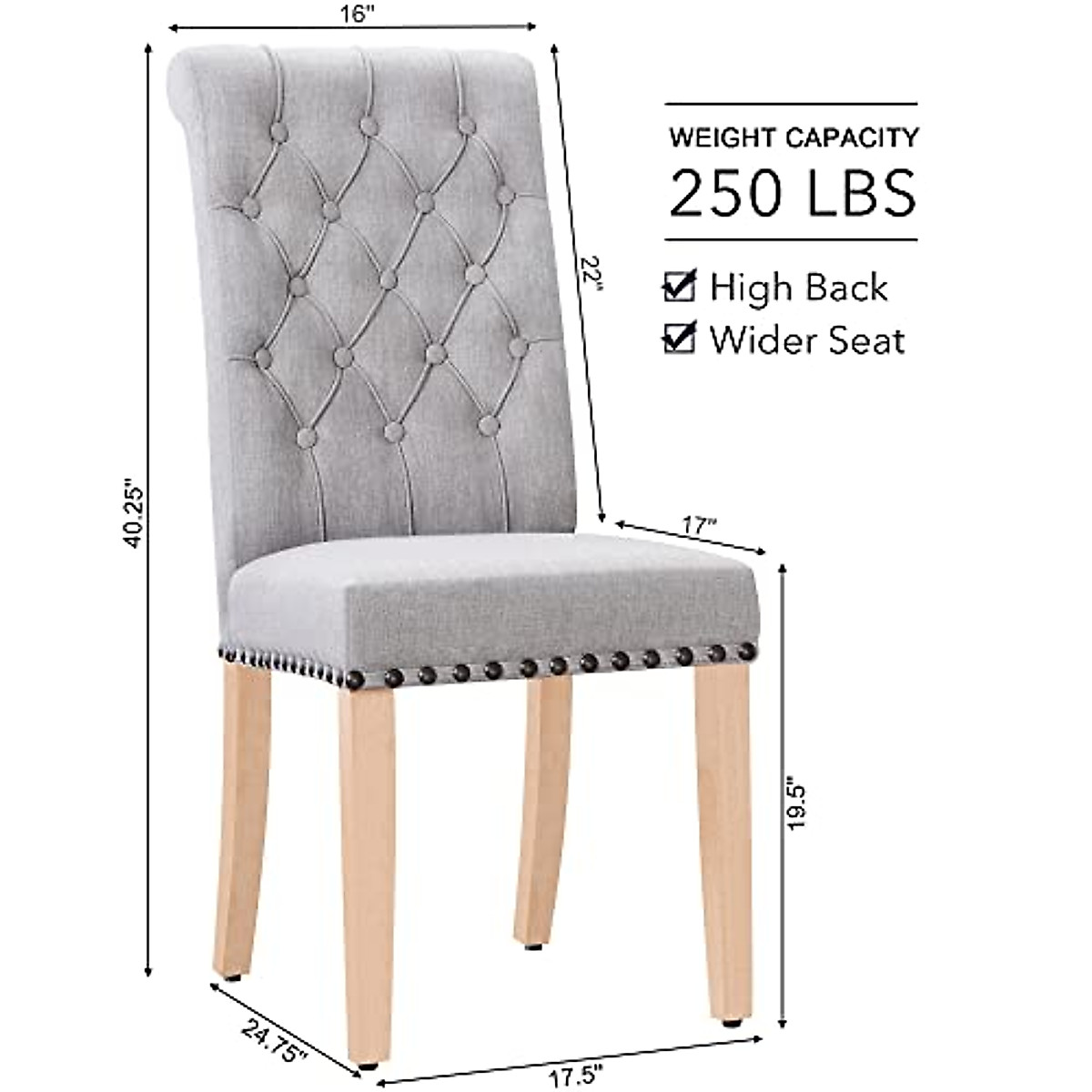 FOREDO Classic Collection Linen Dining Chairs Set of 2, Solid Wood Legs Copper Nails Chair, Light Grey