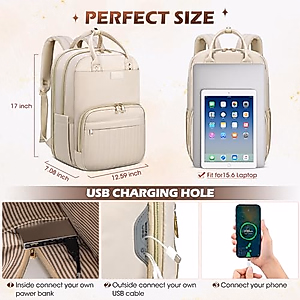 NUBILY Laptop Backpack for Women 15.6 Inch Waterproof Travel with USB Hole Fashion Work Business Computer Purse Large Teacher Nurse Bags Casual Daypacks College Business, Apricot