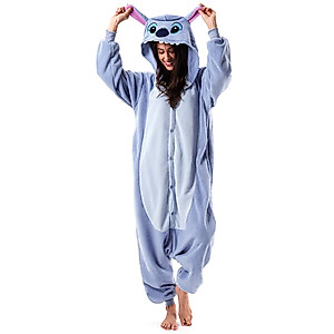 Beauty Shine Unisex Adult Onesie One Piece Pajamas Cosplay Cartoon Costume Halloween Christmas Sleepwear Jumpsuit Plush Homewear(Stitch, Medium)