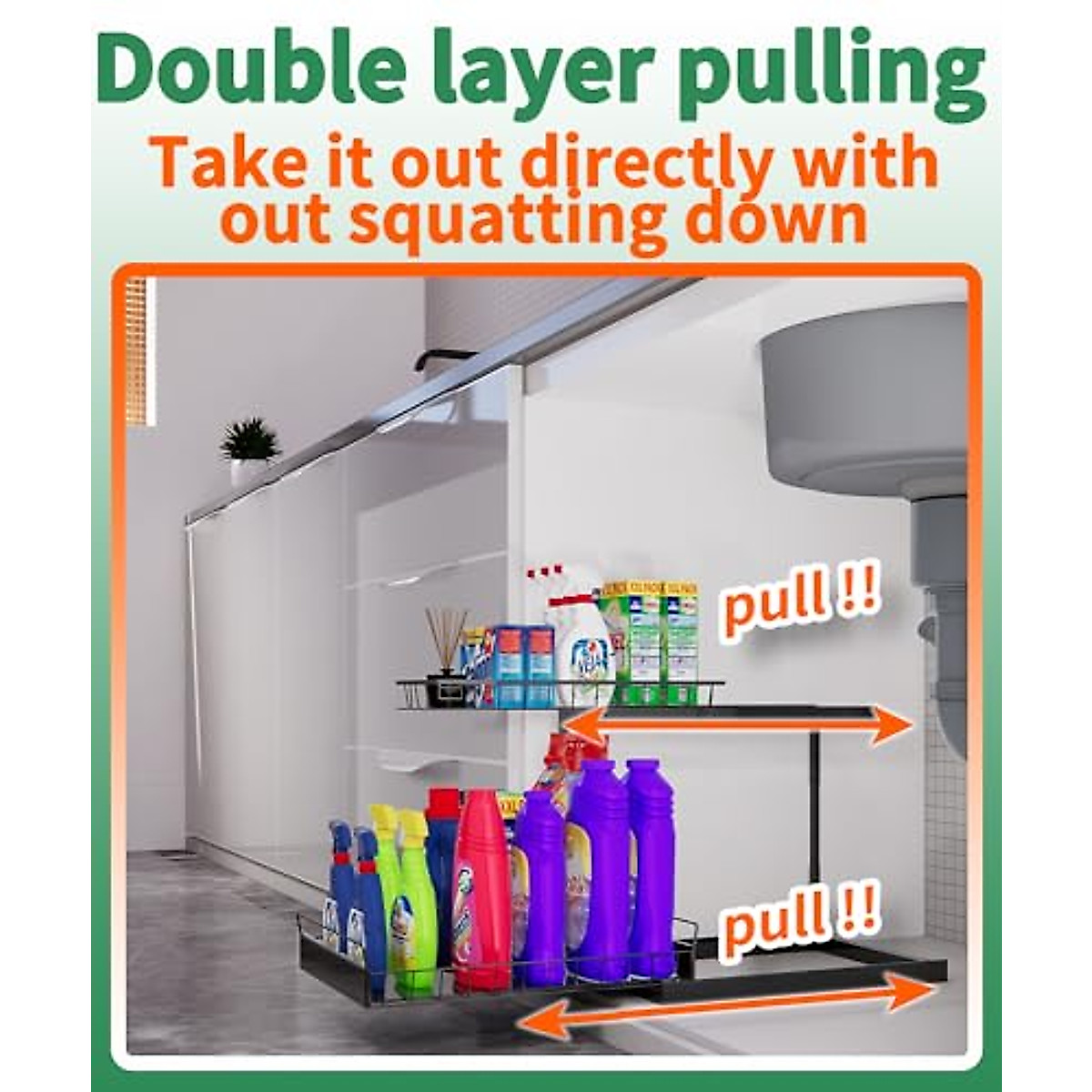 ZJSYMZY Under Sink Organizer,2 Tier Sliding Under Cabinet Storage,Heavy Load Carbon Steel Under Sink Storage for Kitchen Bathroom