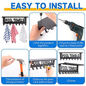 Kuhome Pool Towel Racks with Shelf Outdoor Pool Decor Wall Mount Towel Hooks Towel Holder with 8 Hooks Black Towel Storage Hanger Organizer for Bathroom Pool Accessories