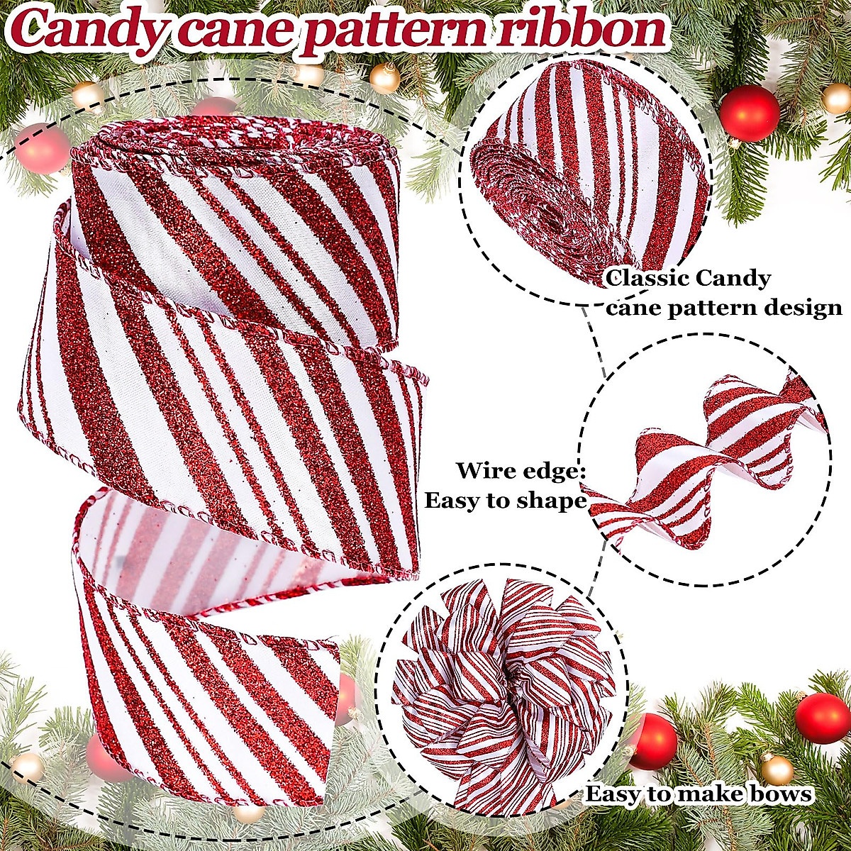 Whaline 2 Rolls 20 Yards Christmas Wired Edge Ribbons Glitter Red White Stripes Ribbon Christmas Candy Cane Gift Wrapping Ribbons for DIY Wreath Floral Arrangement Bow Decoration Supplies, 1.5 Inch
