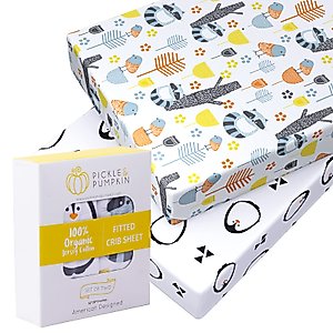 Pickle & Pumpkin Premium Organic Crib Sheet | 2 Pack 100% Organic Jersey Cotton Fitted Crib Sheets Set | Toddler or Standard Crib Mattress Sheets | Girls & Boys | Penguin & Woodland Crib Sheet